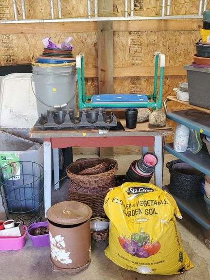 Potting supplies, table cart, soil, planters, kneeling stool, misc ...