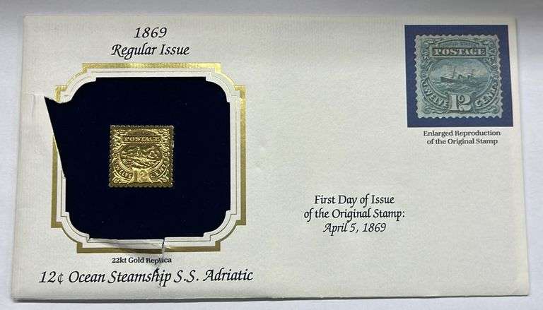 24KT 1st Day Commemorative Stamp, 1867 Two Cent Coin, 1845 Large Cent ...