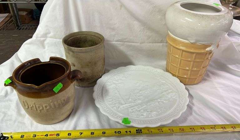 Two Crocks • Ice Cream Planter • Milk Glass Homestead Plate - Metzger ...