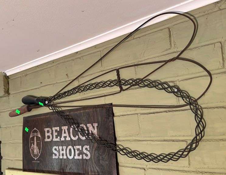 Two Vintage Rug Beaters 28”, 30”, Metal Beacon Shoes Sign - 19”x8.75 ...