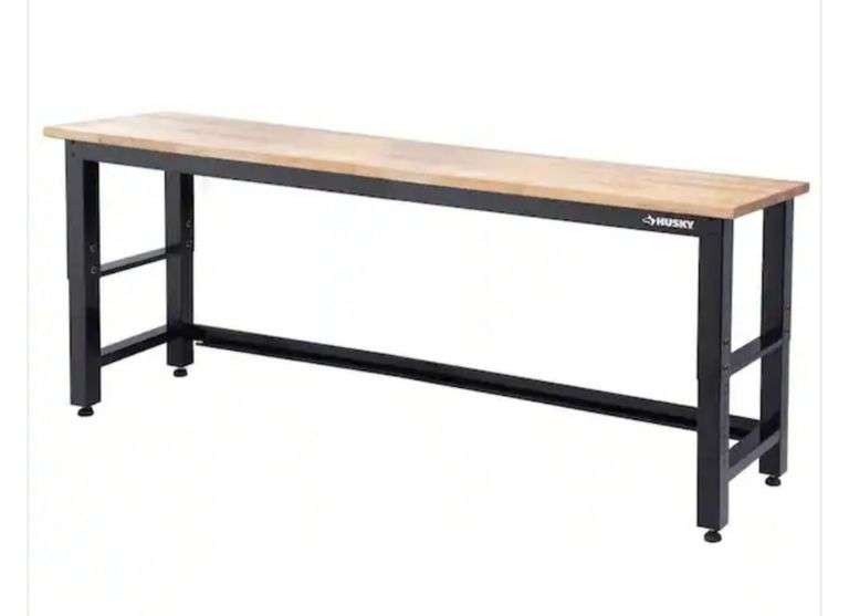 Husky 8 ft. Adjustable Height Solid Wood Top Workbench in Black for ...