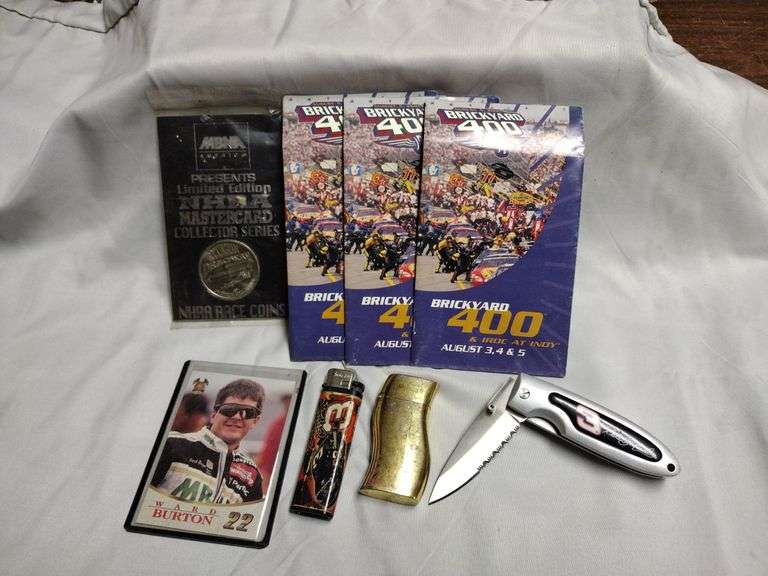 NHRA race coin, 3- Brickyard 400 programs, Dale Earnhardt pocket knife ...