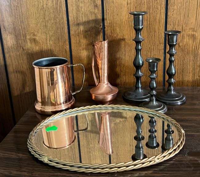 Gregorian Copper Pitcher 7” • Copper Mug 5” • Three Metal Candle Stick ...
