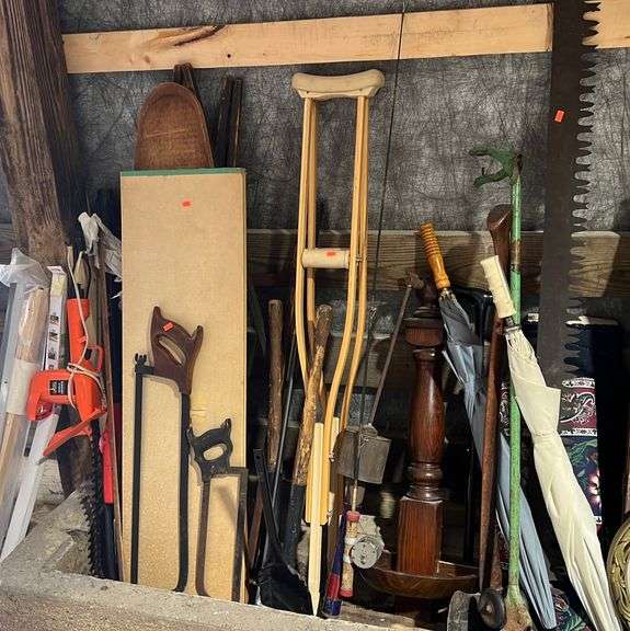 Umbrellas, cane, ax, large saw blade 70, iron board, yard sticks, Black ...