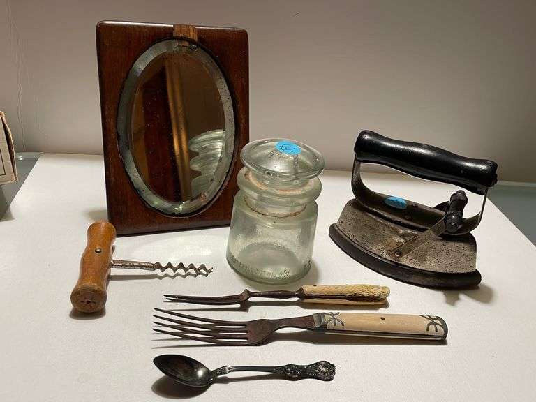 Iron, Armstrong glass insulator, Corkscrew, forks (1 with broken handle ...