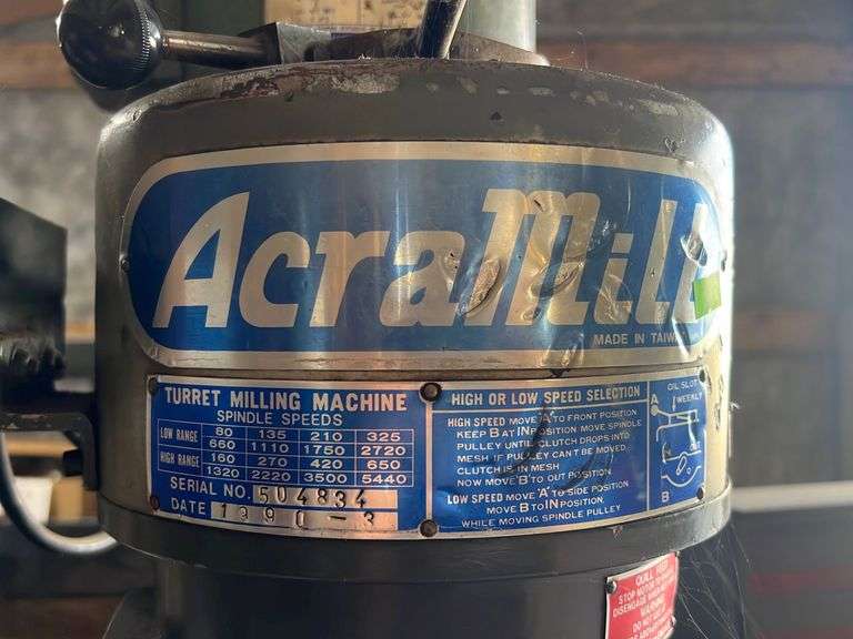 AcraMill Turret Milling Machine ser.# 504834, 9”x42” table , 2hp ...