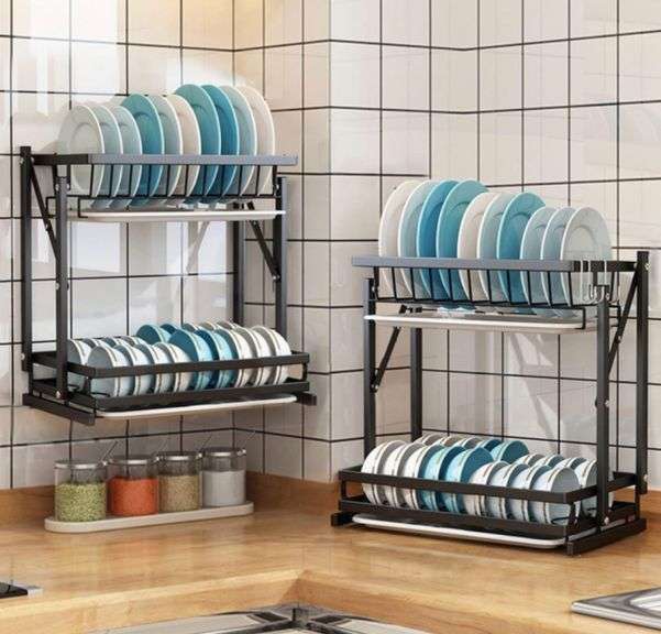 LIHONG Foldable Stainless Steel 2 Tier Dish Drying Rack with Drainboard ...