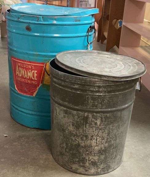 Metal bins: Wilson's Advance Shortening blue bin 20”x15”; silver bin 14 ...