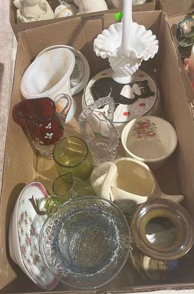 Milk glass and glass baskets, orange and white slag vase, glass hat ...