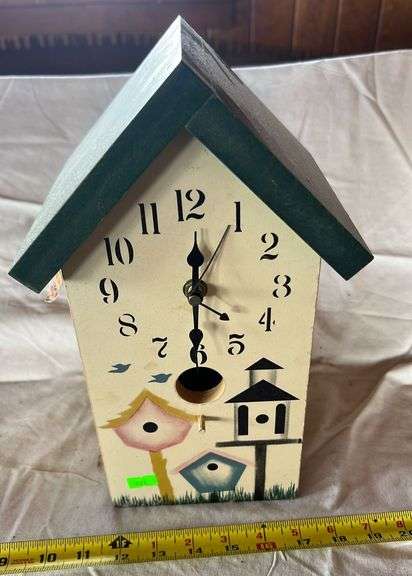 Wood Bird House Clock, 7”x7”x12” - Metzger Property Services, LLC