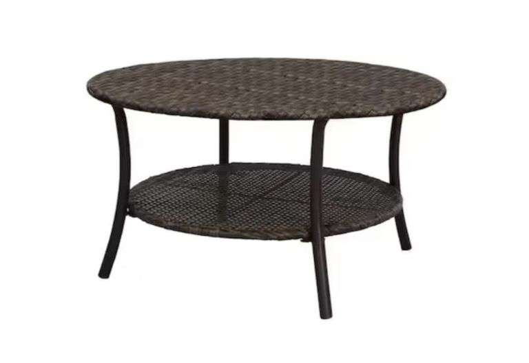 StyleWell 32 in. Brown Round Wicker Outdoor Patio Coffee Table With ...