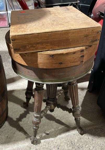 Round piano stool with claw and ball feet, storage and yarn 22”H, yarn assortment, Wood storage ...