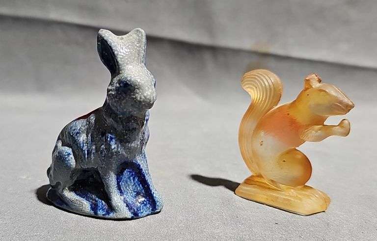 Hand Crafted Rowe Pottery Works Bunny Figurine 2" & Glass Squirrel ...