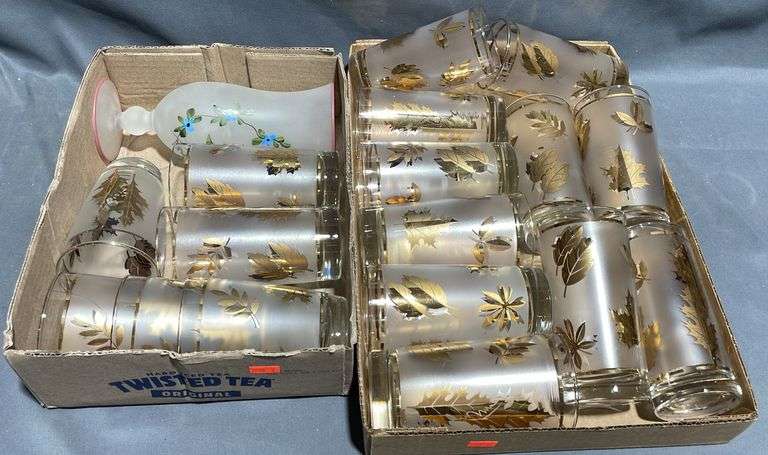 Libbey frosted glass cups, Brooke Glass hand painted frosted glass ...