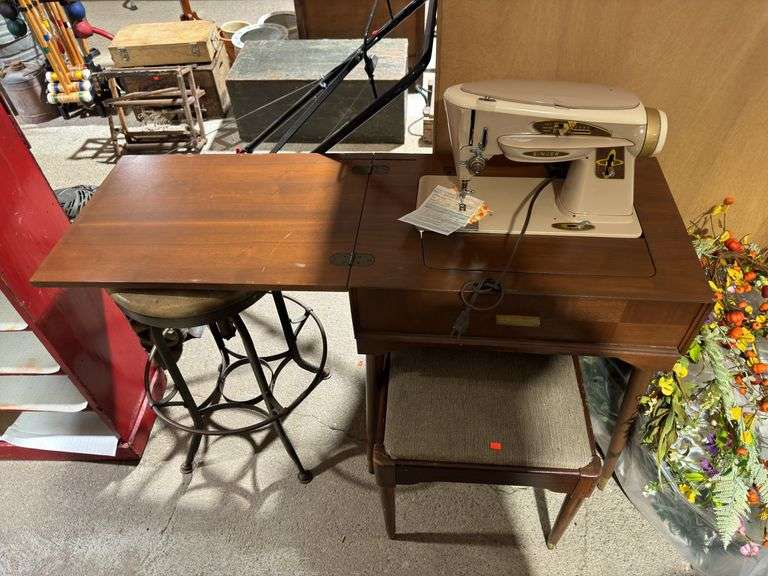 Wood Sewing Table and Bench, Singer Sewing Machine, Singer Blind Stitch ...