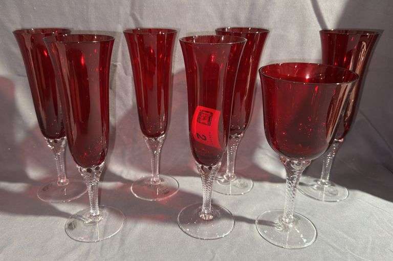 (5) Colony Czech Republic Red Champagne Flute Glasses, (1) Colony Czech ...