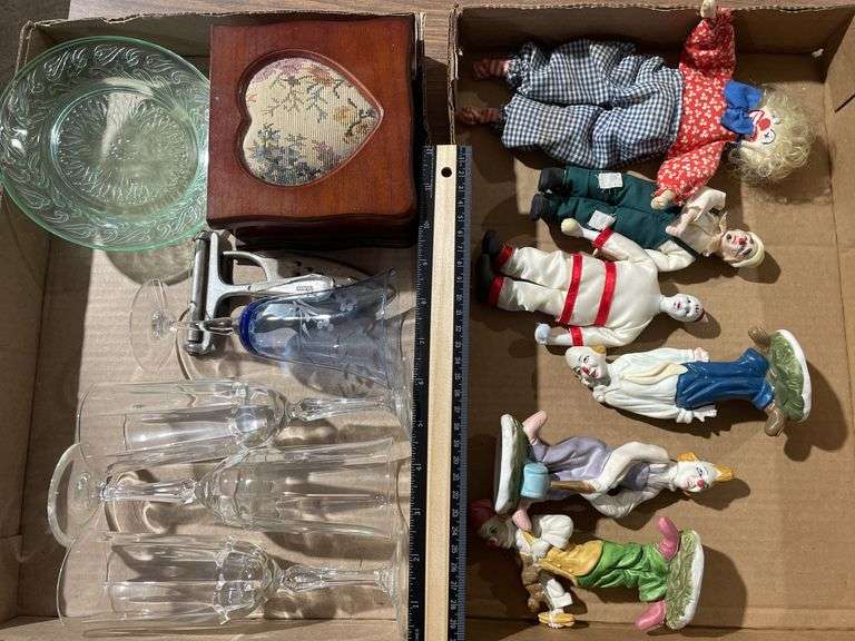 China and Fabric Clown Figurines, Wood Jewelry Box 5 1/4” x 5 1/2” x 2 ...