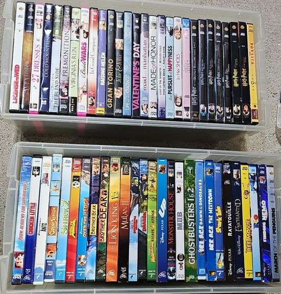DVD movie assortment, (2) plastic storage totes with lids - Metzger ...