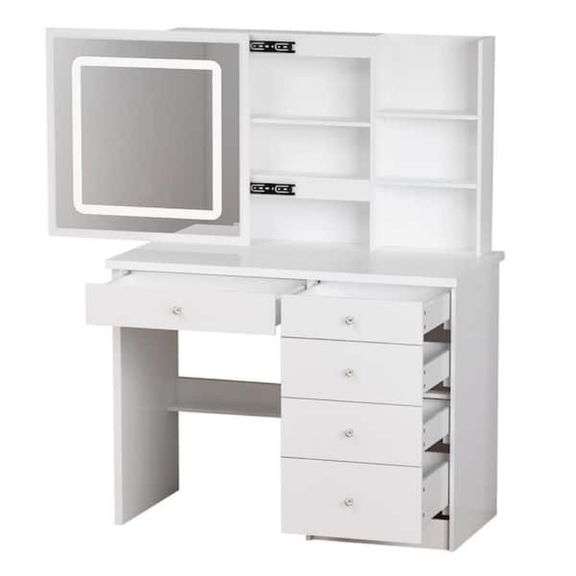 FUFU&GAGA Wood LED Push-Pull Mirror Dresser with 5-Drawers, Stool and 3 ...