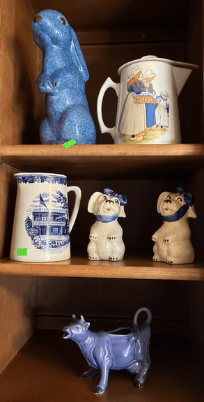Dowling house pitcher, dog shakers, cow creamer, dutch pitcher and ...