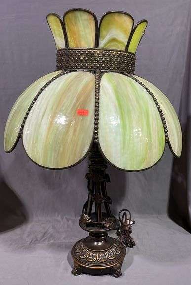 Slag Glass Shaded Lamp, Electric double bulb table lamp with crack 26”H ...