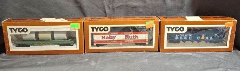3- Tyco Ho Scale Electric Trains including Hopper Car Blue Coal, Billboard Reefer Baby Ruth ...