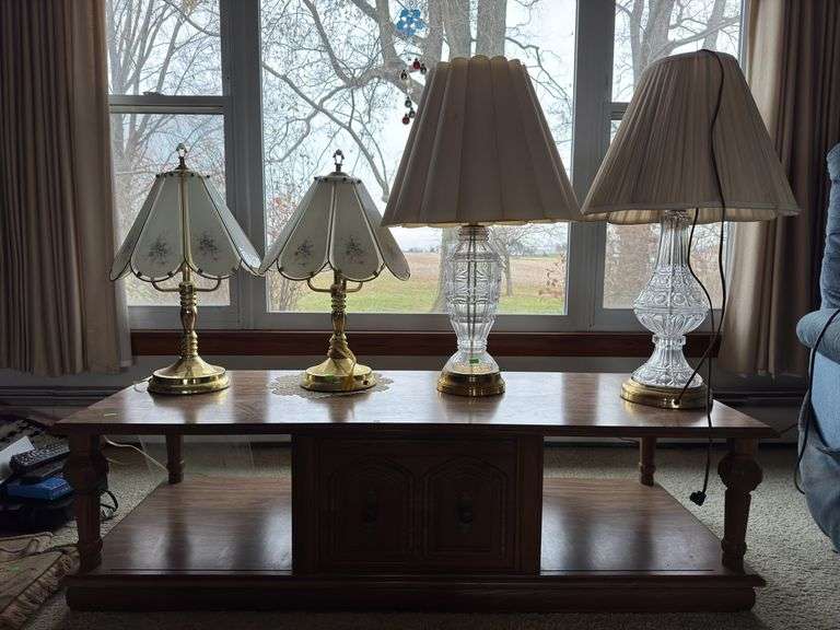 Coffee table 53x20 1/2x14 1/2, pair of glass lamps 29”, pair of brass ...