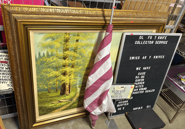 American flag, display board, artwork assortment - Metzger Property ...