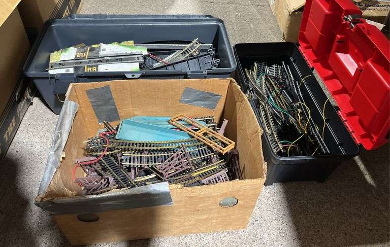 (2) Plastic Tool Boxes, Train Track Assortment (Unknown if Complete ...