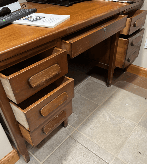 Wood desk (no contents, some finish damage) 58x32x30 - Metzger Property ...