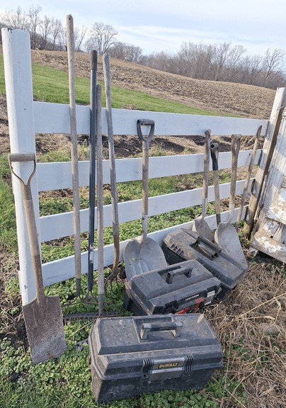 (3) Plastic toolboxes (empty), shovels, rakes and assorted yard tools ...
