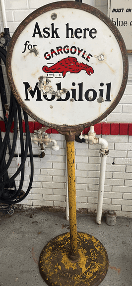 Mobiloil "Ask Here For Gargoyle Mobiloil" Double Sided Embossed Enamel ...