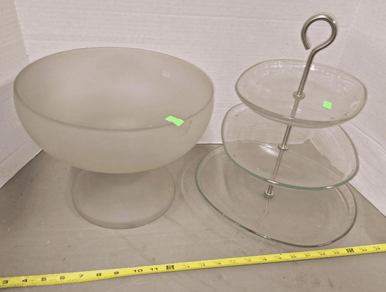 Frosted glass pedestal dish 9.5”H 11”dia, three tier glass food display ...