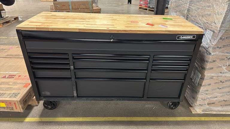 Husky 61 in. W x 23 in. D Heavy Duty 15-Drawer Mobile Workbench Tool ...