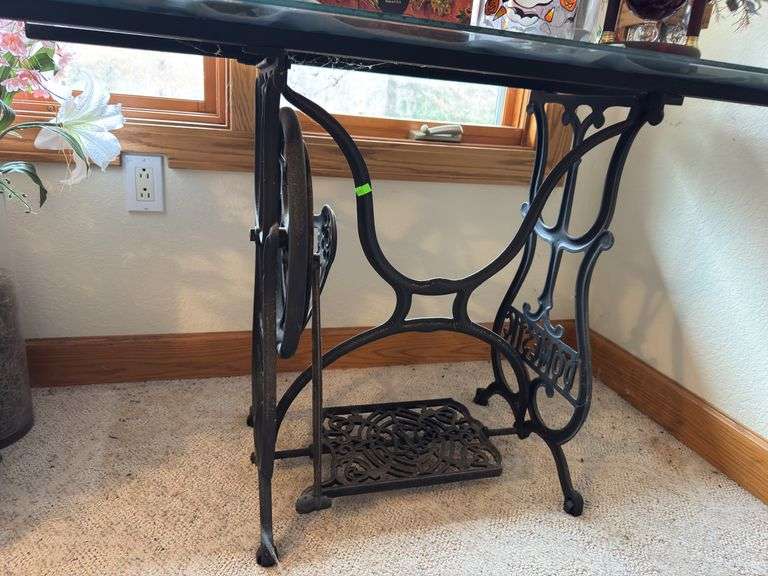 Domestic treadle sewing machine base with glass top table - contents ...