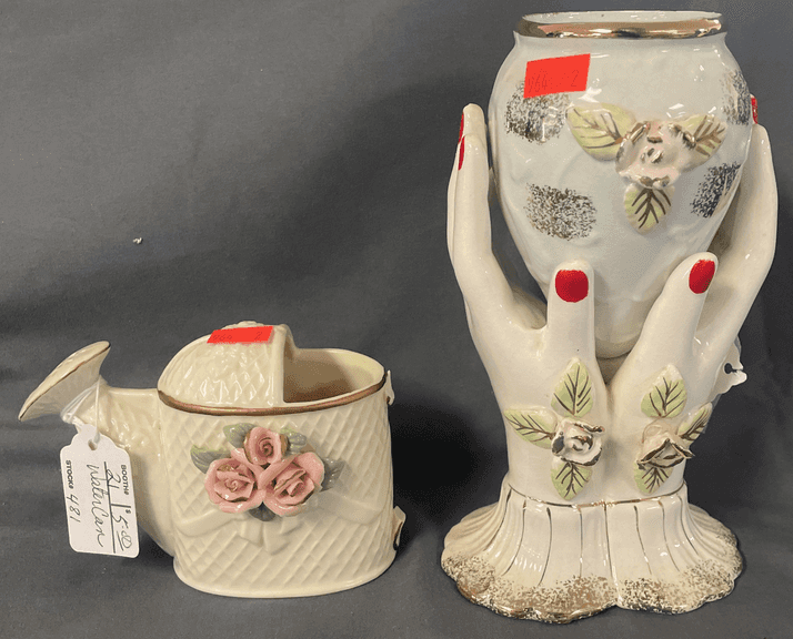 Ceramic water can with broken handle 3" x 5", ceramic hand vase 8 ...