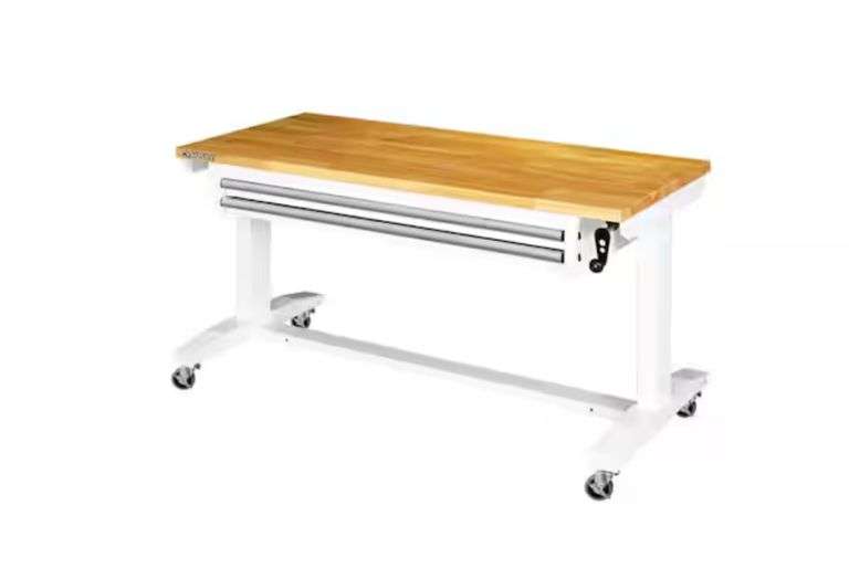 Husky 52 in. W x 24 in. D 2-Drawer Adjustable Height White Workbench ...