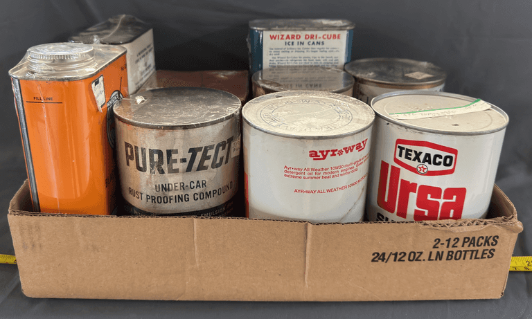 Collectible tin assortment including Wizard Dri-Cube (sealed), Quaker ...