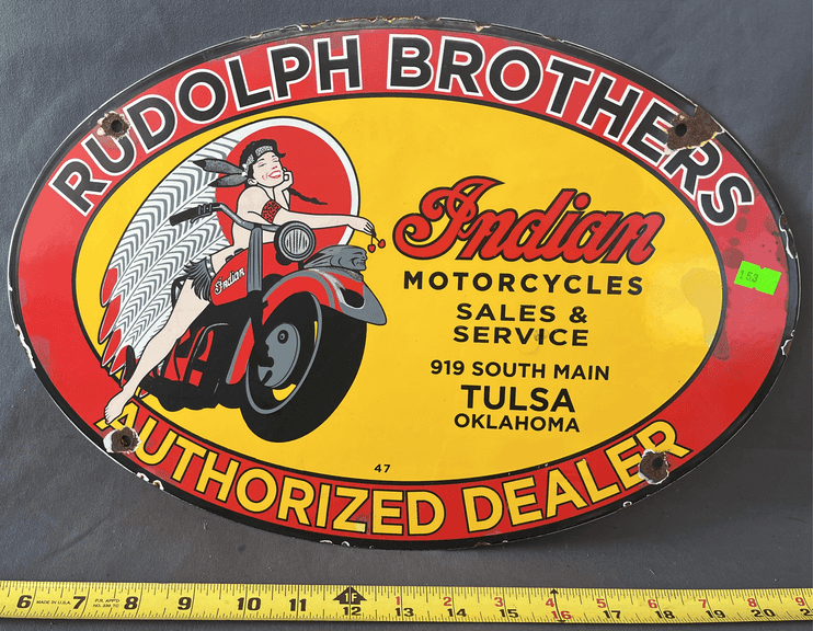 Rudolph Brothers Enamel Indian Motorcycles Sales & Service Oval Dealer ...