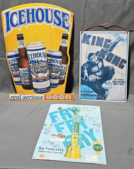 Metal Signs Including Ice House 24", Fry Gas 16" & King Kong 17.25 ...