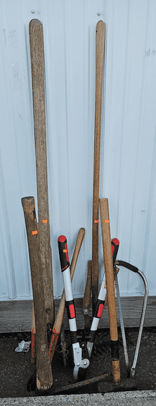 Hand Saw, Pruner Assortment, Pick Axe, Post Hole Digger, Rake, Sledge ...