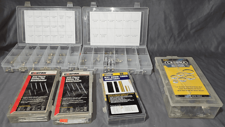 6 Storage Containers with Grease Fittings, Heat Shrink Tubing ...