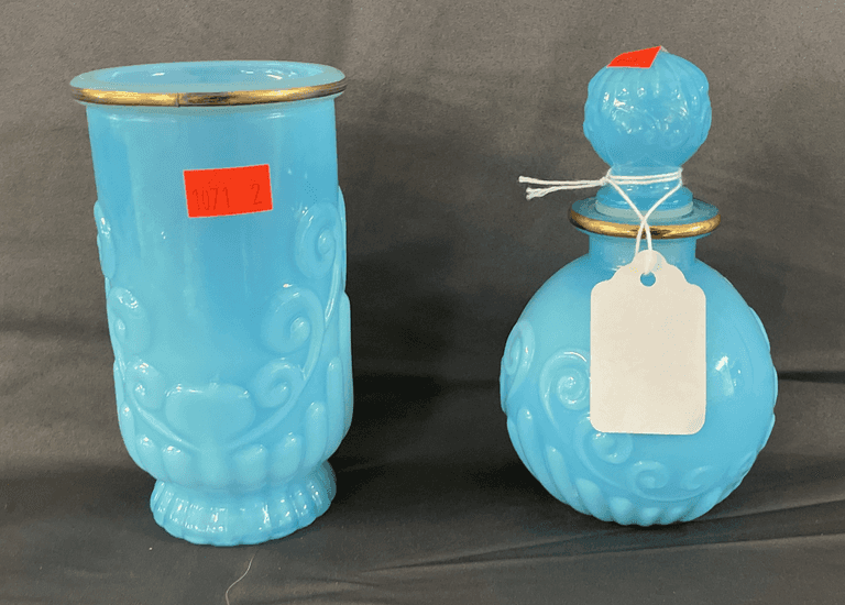 Avon blue glass perfume bottle with stopper & vase 9”H - Metzger ...
