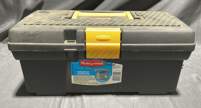 Rubbermaid tool box with misc hardware including thread, tiles, wood ...