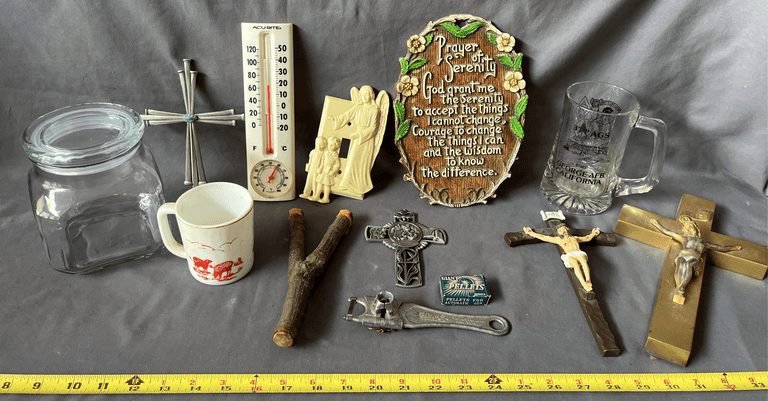 Religious Crosses, jar, sling shot, string bean cutter - Metzger ...