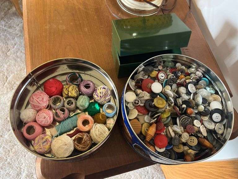 Tin of buttons, thread, metal recipe box - Metzger Property Services, LLC