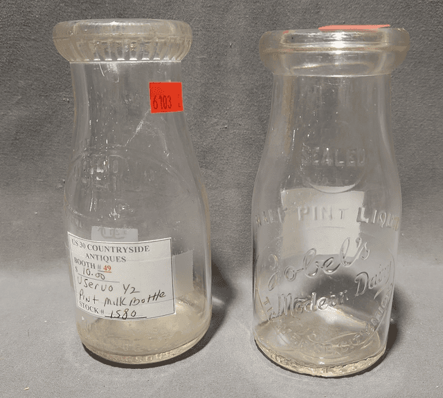 2- 1/2 pint milk bottles including uservo, gobels modern dairy ...
