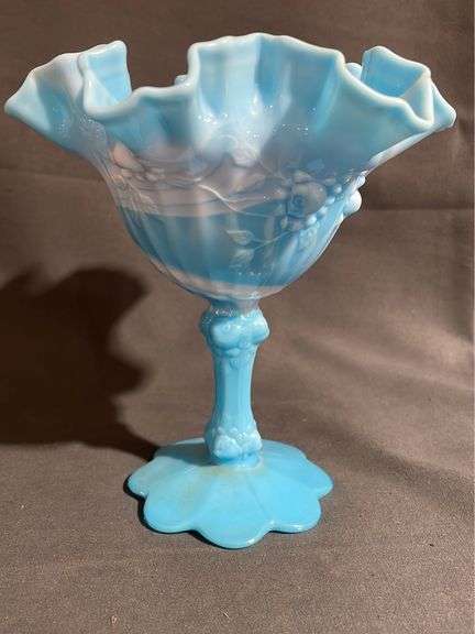 Fenton-Like Cabbage Rose Blue & White Slag Glass Compote 6 1/2”T ...