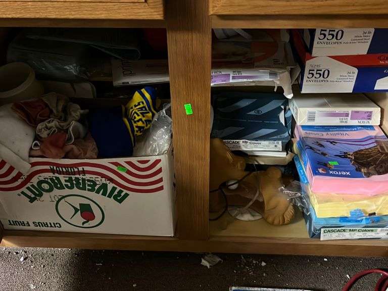 Paper stock, rag assortment, office supplies, misc contents of cabinet ...