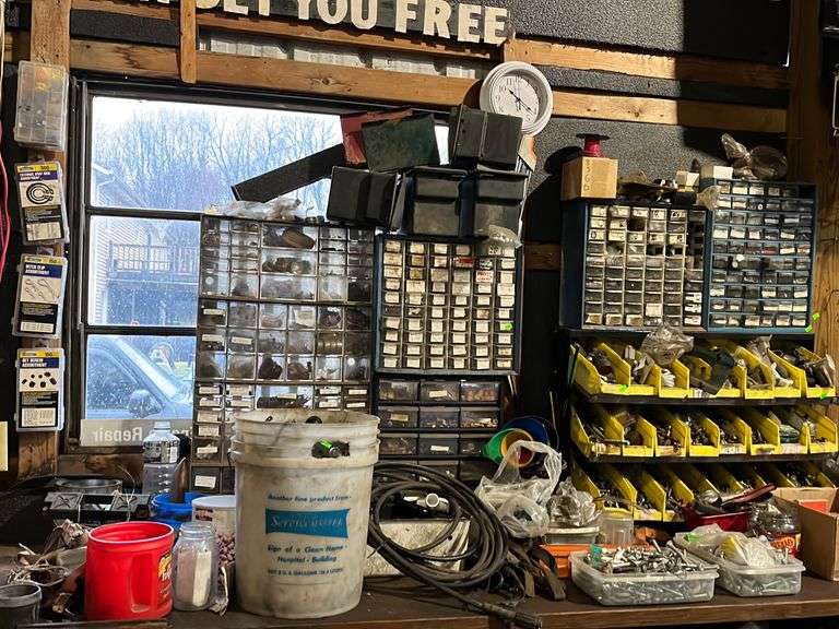 Contents of workbench inc. organizers, bolt bins, hardware, hose, tools, misc. as shown in ...